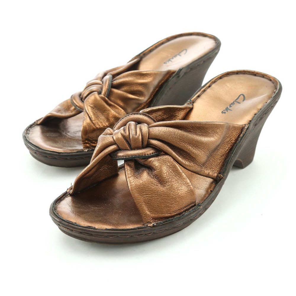 Clarks Pillar Bronze Leather Wedge Sandals Slides - Gem